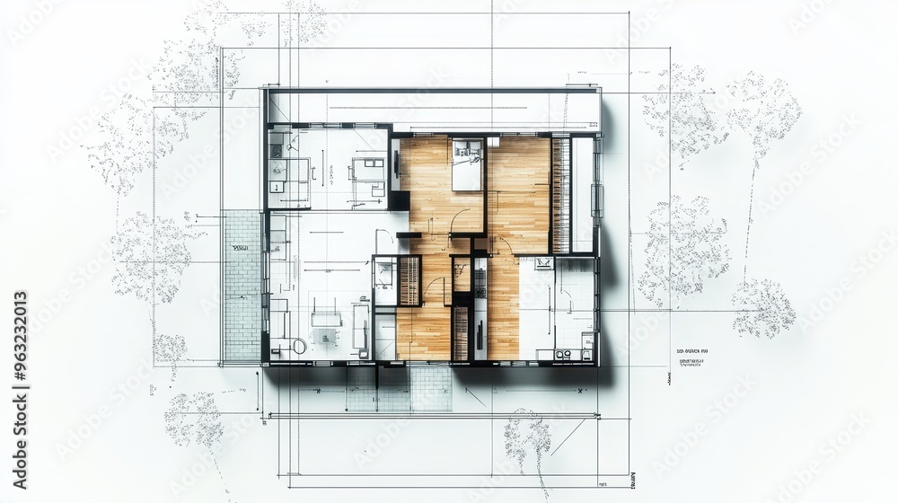 Top view of a 3D model house plan on a white background with blueprint ...