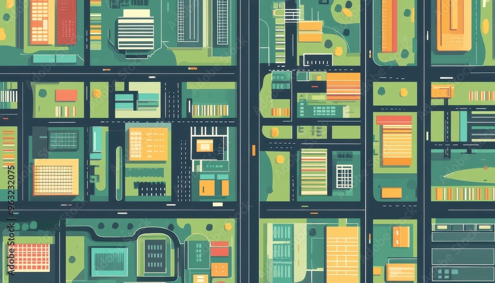 Top-down view of a city with streets, buildings, and parks. The design ...