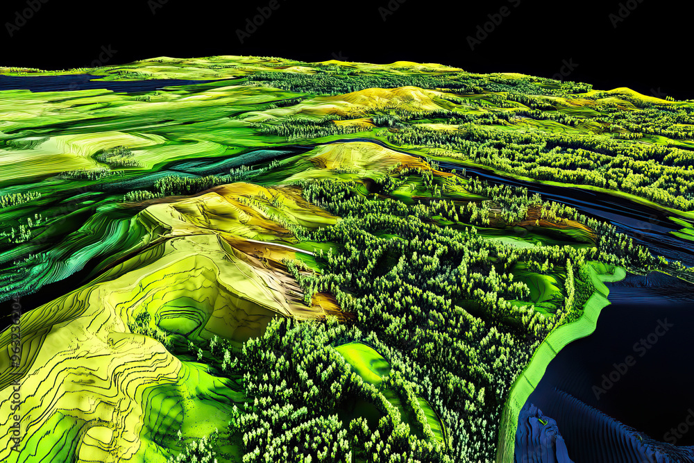 Technical aerial visual, 3D LiDAR GIS aerial map satellite scan model ...