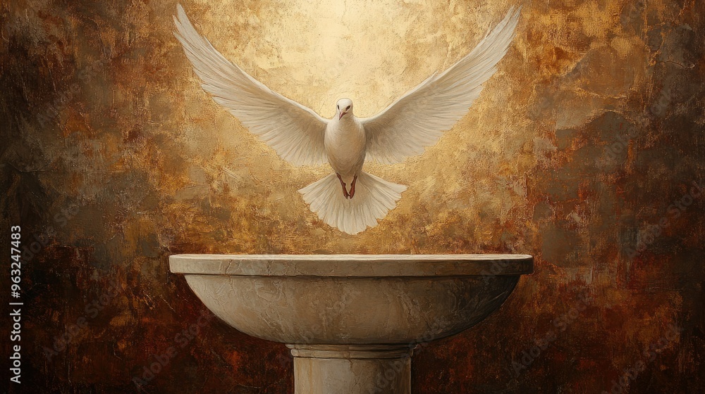 The Holy Spirit in the form of a dove descending over a baptismal font ...