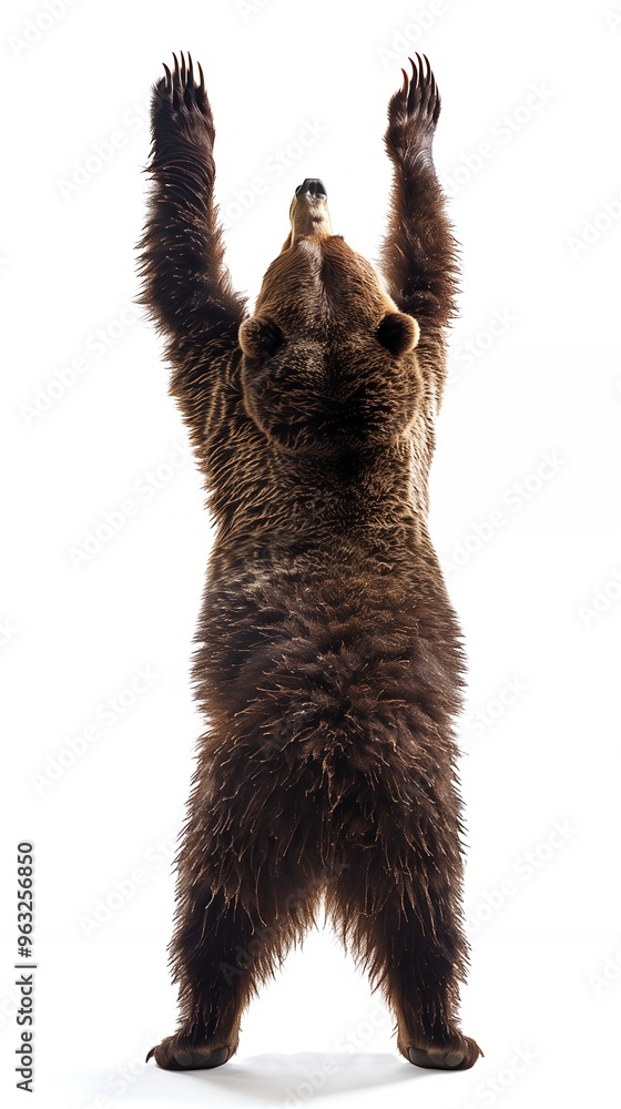 A brown bear stands on its hind legs with its paws raised high in the ...