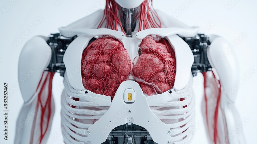 A detailed robotic figure showcasing realistic lungs and circulatory ...