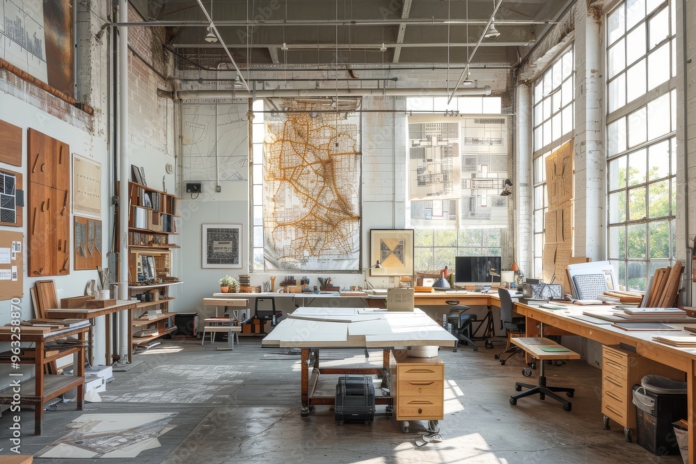 Interior design of an industrial studio with white walls, distressed ...
