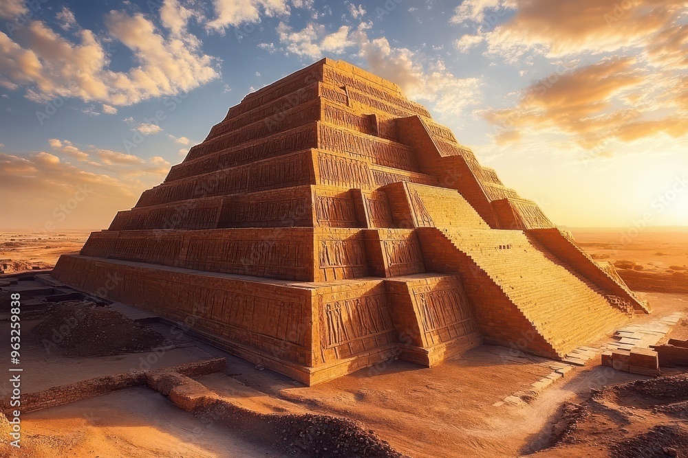 Ancient Mesopotamian ziggurat in the desert, Iraq in a dramatic ...