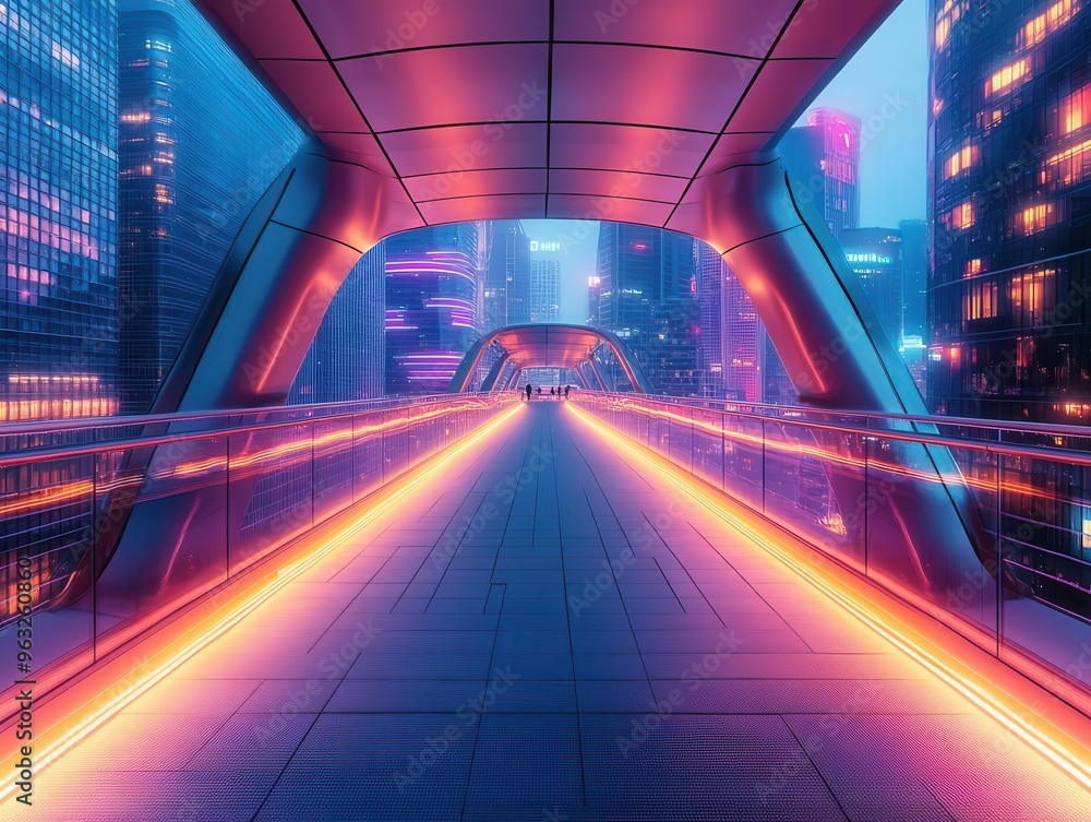 Hypermodern pedestrian skywalk system connecting skyscrapers in a ...