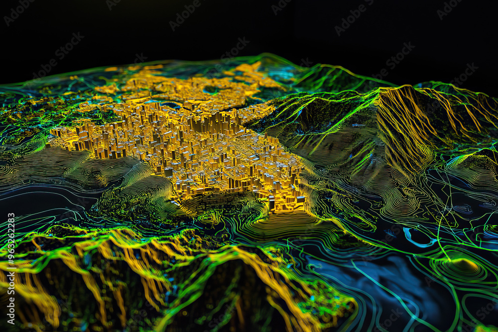 Technical aerial visual, 3D LiDAR GIS aerial map satellite scan model ...
