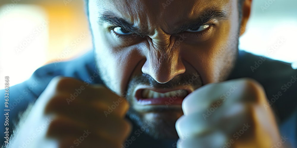 Quieted Anger: A furious man clenching his fists, biting back words in ...