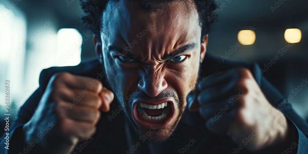Quieted Anger: A furious man clenching his fists, biting back words in ...