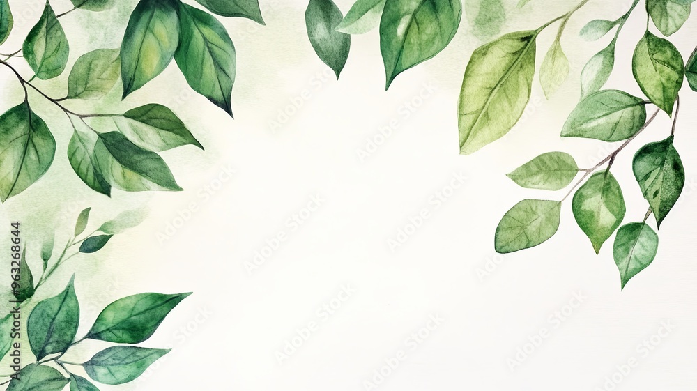 Botanical green leaf watercolor painting border design on white paper ...
