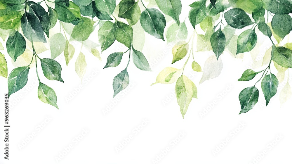 Botanical green leaf watercolor painting border design on white paper ...