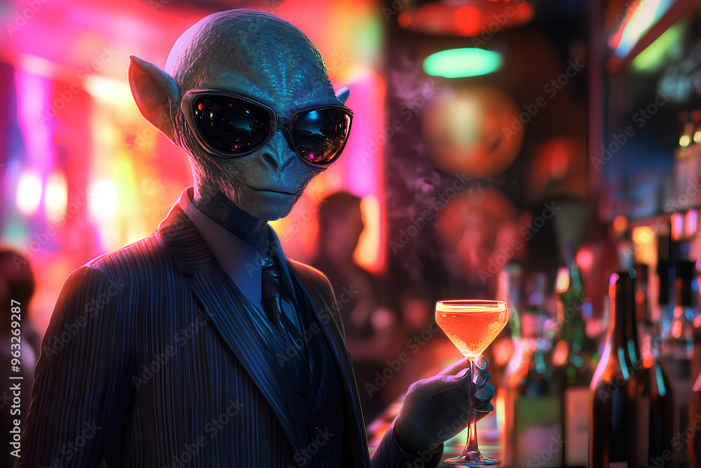 An alien in a suit and sunglasses enjoys a cocktail in a dimly lit bar ...