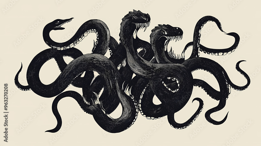 Hydra with multiple heads suggested by overlapping curved lines ...