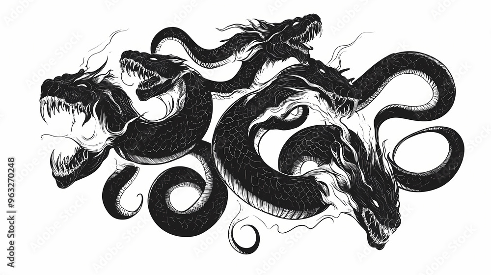 Hydra with multiple heads suggested by overlapping curved lines ...