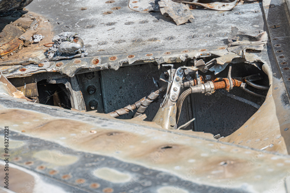 Crashed warplane, Ukrainian fighter jet remains. Texture of the remains ...
