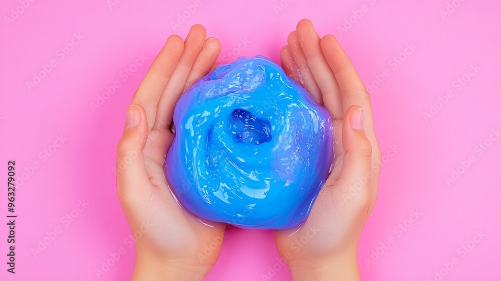 Hands cupping vibrant blue slime against a pink background, showcasing ...