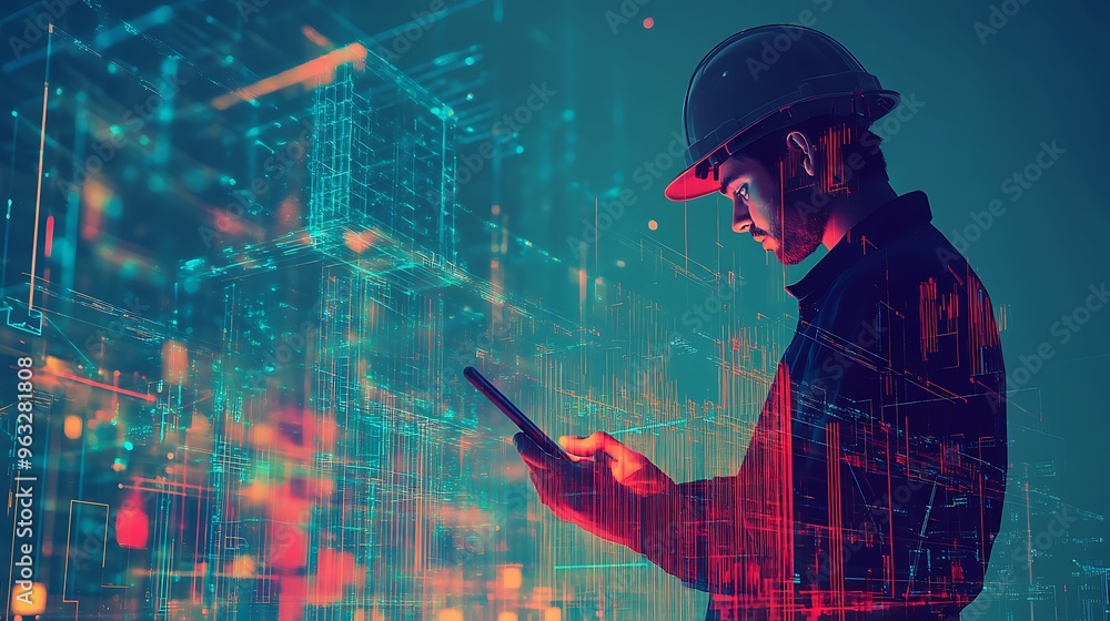 A futuristic scene of an engineer wearing a hard hat, working with a ...