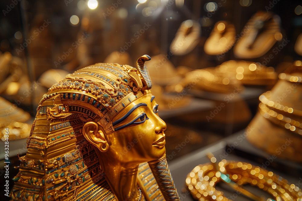 An ancient Egyptian sculpture or mask face in a museum exhibition. Face ...