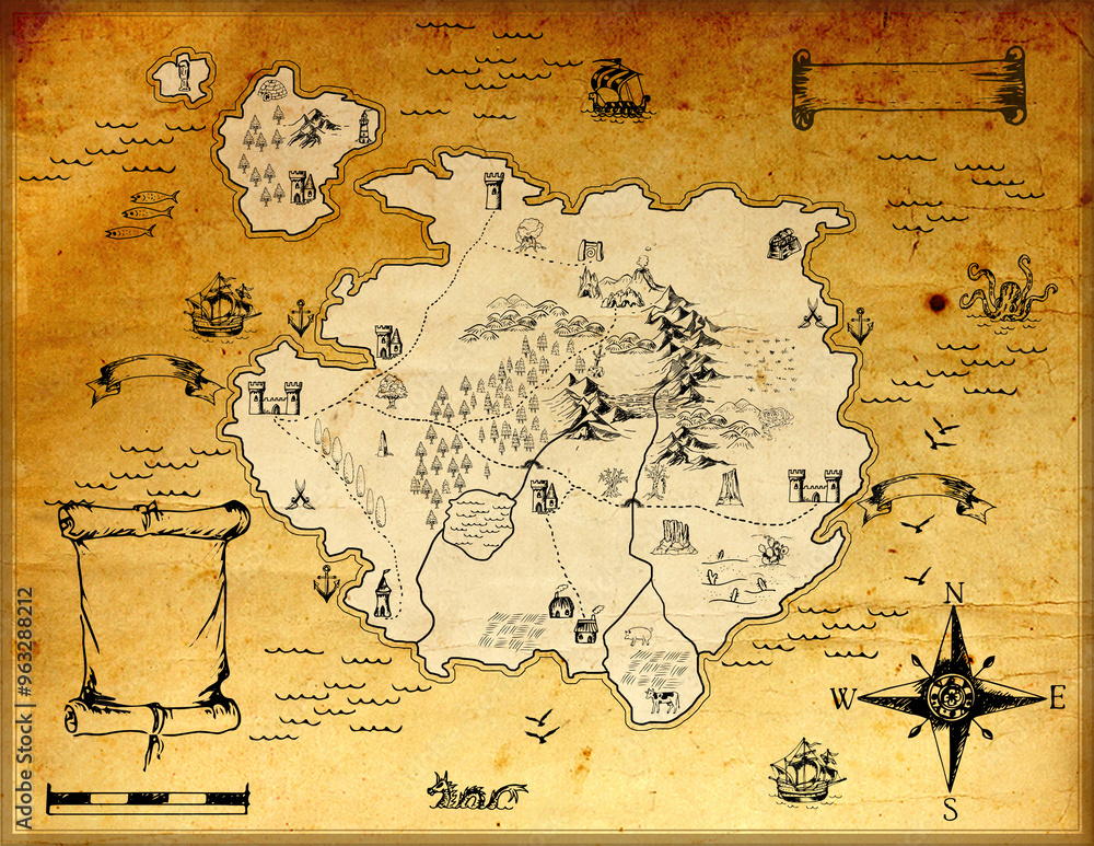 Old hand drawn vintage fantasy map with symbols on aged paper Stock ...