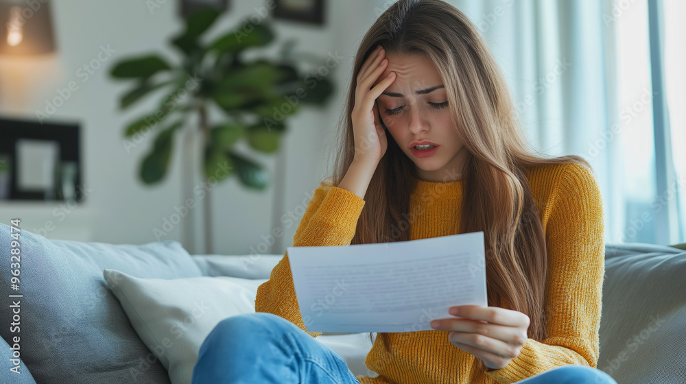 upset and worried young woman reading a received letter Stock Photo ...