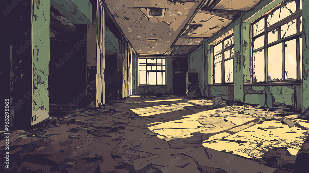 Old abandoned building with broken floor. abandoned. illustration ...