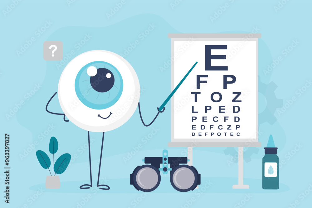Funny eyeball mascot checks vision by snellen chart. Exam at ...