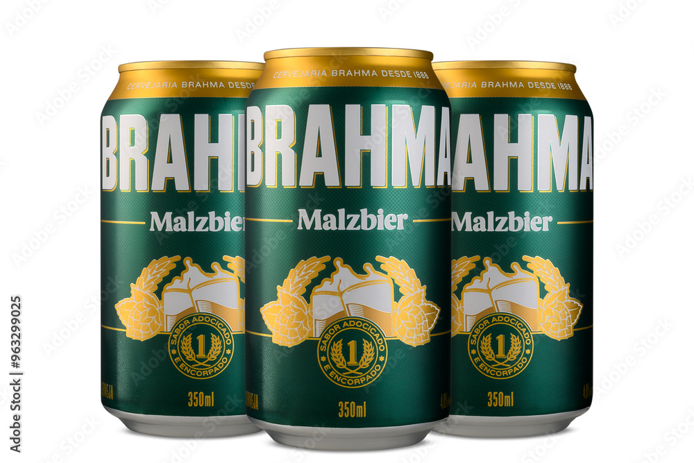 São Paulo, Brazil - September 6, 2024 Brahma Malzbier beer, three 350 ...