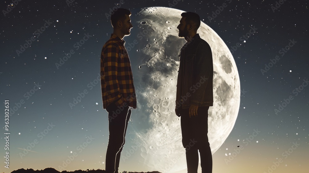 Silhouettes of two men facing each other against a backdrop of the full ...