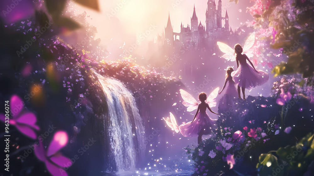 Two fairies with a waterfall and a castle in the background. magical ...