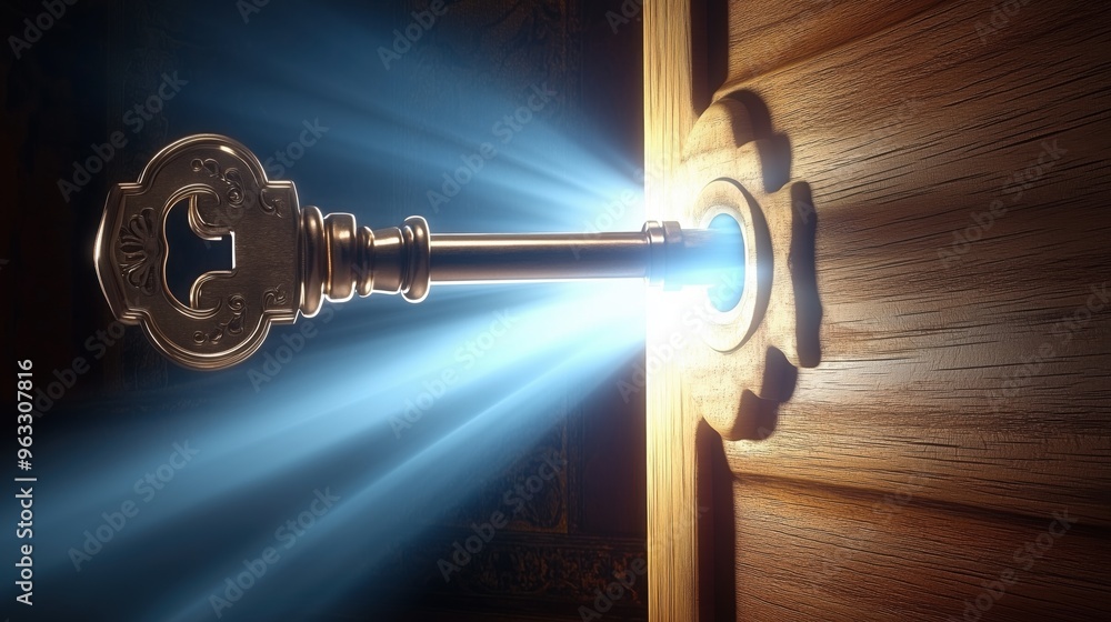 Key entering a luminous keyhole. Success concept image. Key inserting ...
