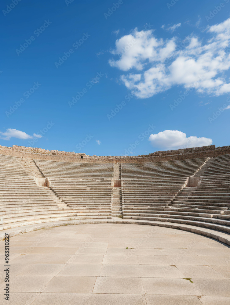 Ancient Greek Amphitheatre under a Blue Sky: A picturesque panorama of ...