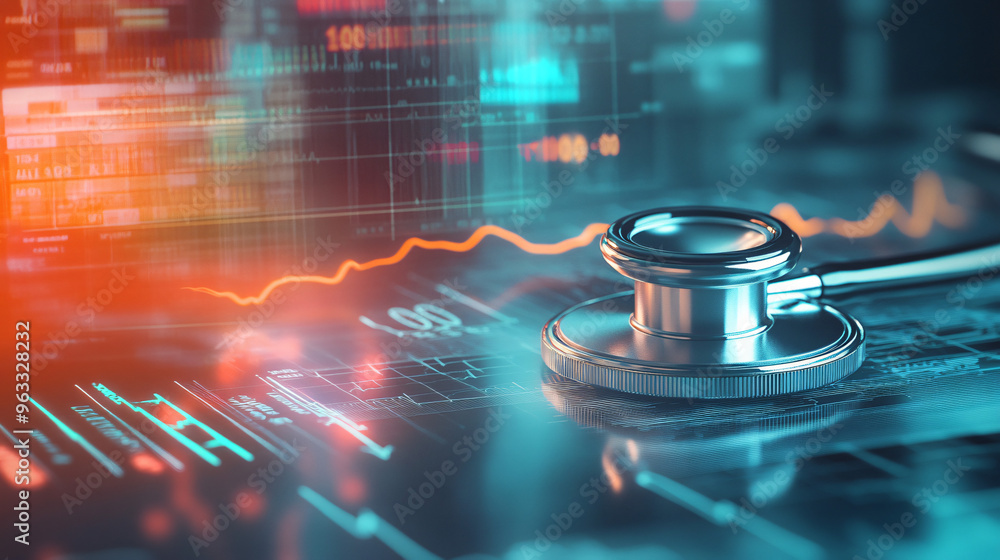 Stethoscope analyzing healthcare data with modern digital display ...