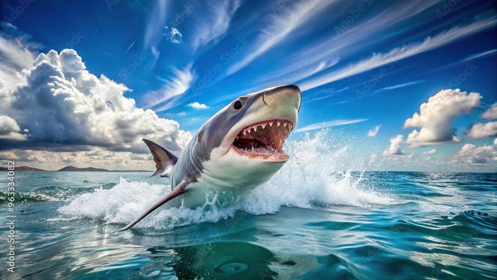 Baby shark breaching the surface of the water, mouth open in a playful ...