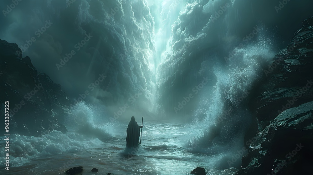 Picture Moses standing resolutely with his staff raised as the Red Sea ...