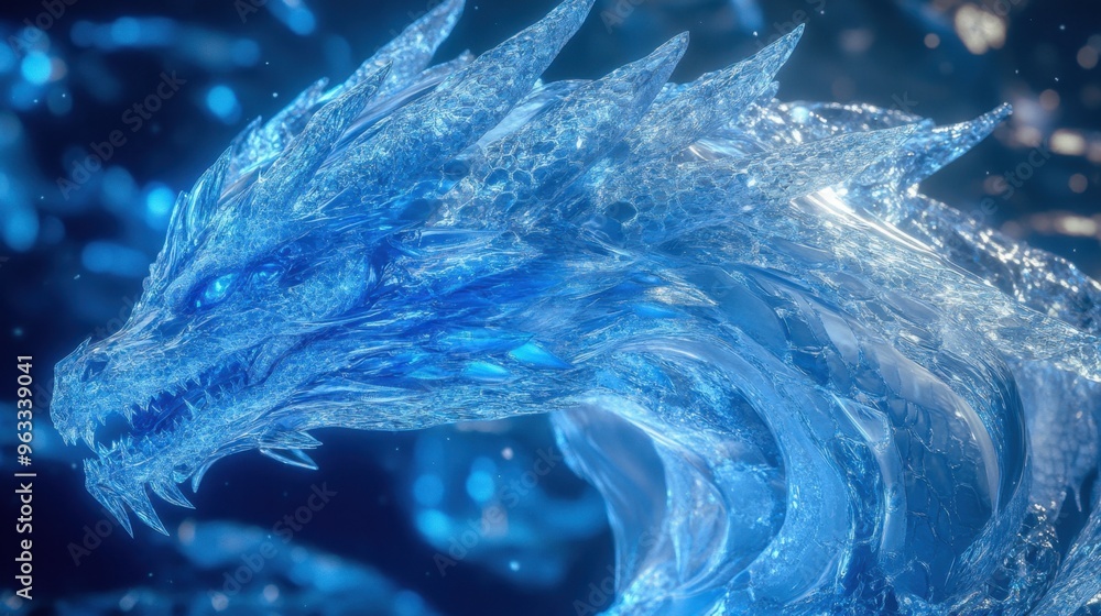 Hyper-detailed ice dragon sculpture in a fantasy setting, the icy ...
