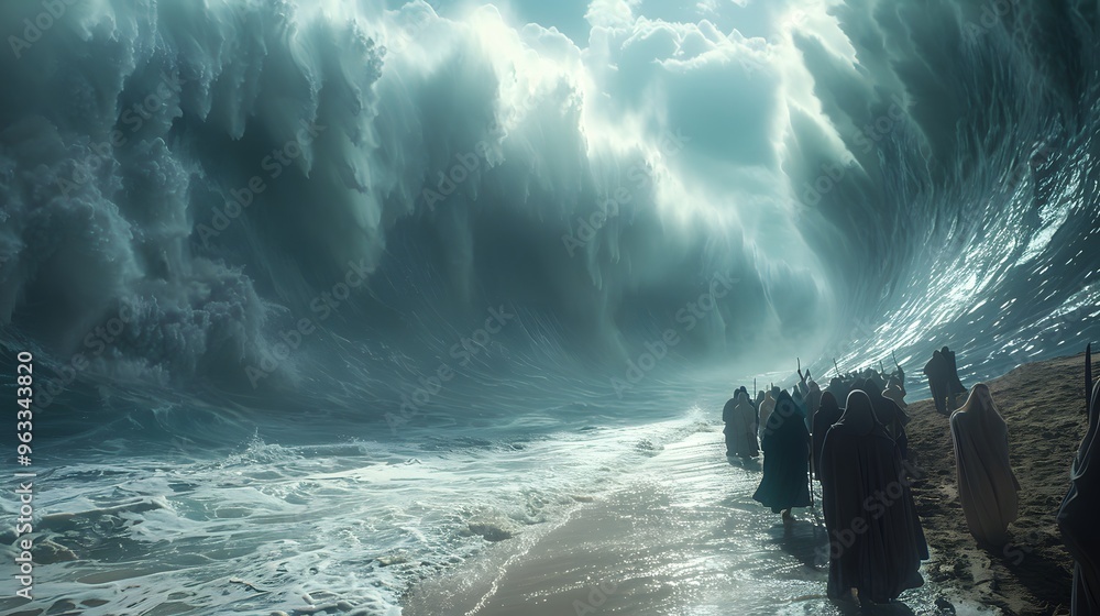 Visualize the powerful scene where Moses raises his staff, causing the ...