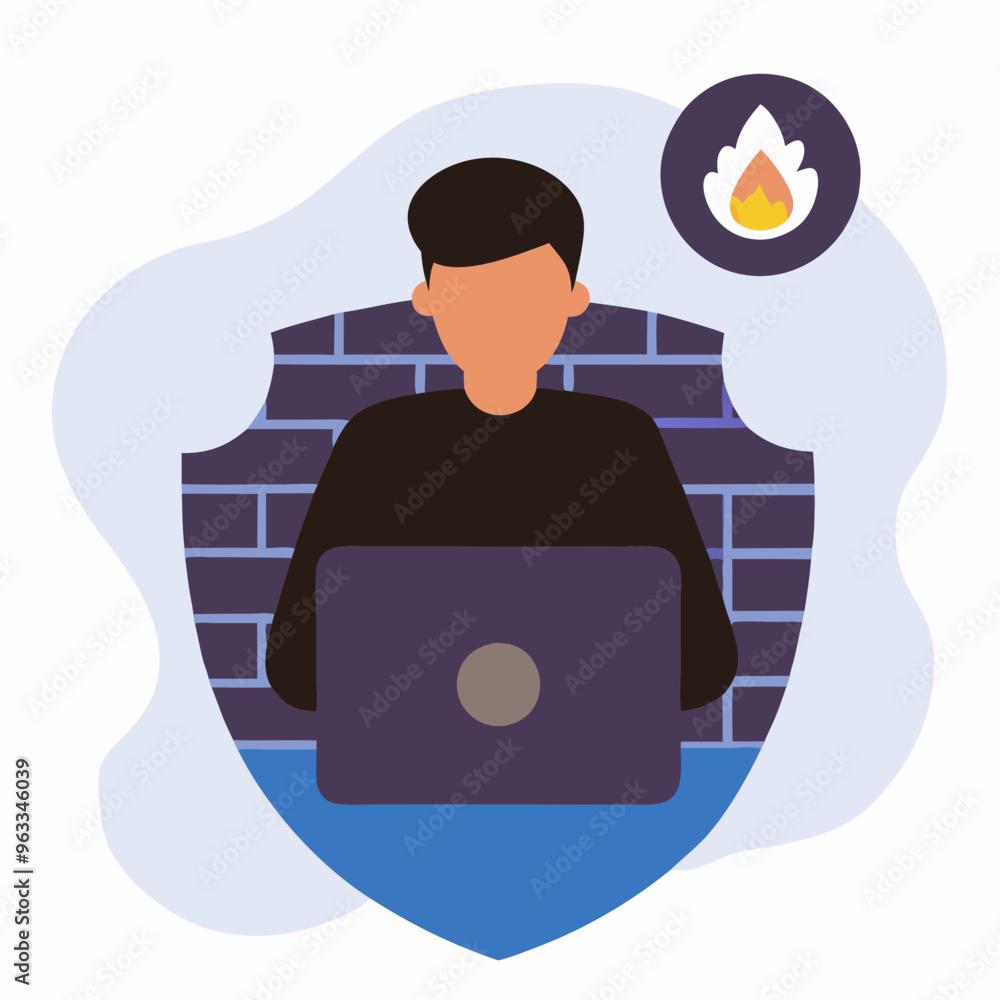 Cybersecurity expert working on a laptop with a firewall icon in a ...
