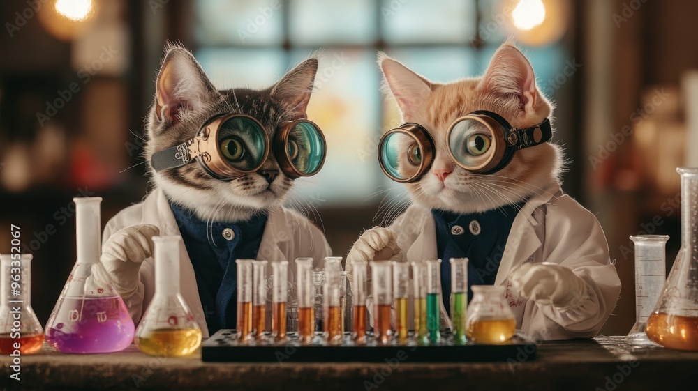 Two cats in lab coats and goggles conduct experiments with colorful ...