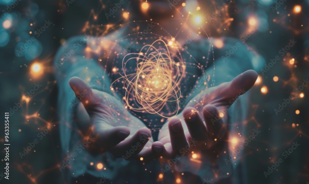 Ethereal depiction of quantum energy emanating from outstretched hands. The atomic orbits glow ...