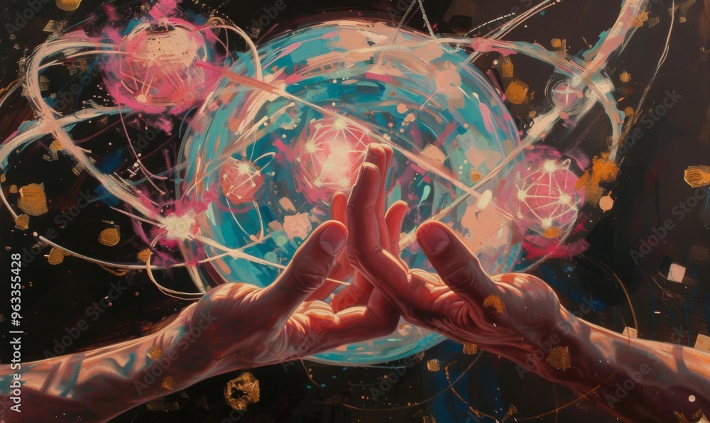 Ethereal depiction of quantum energy emanating from outstretched hands ...