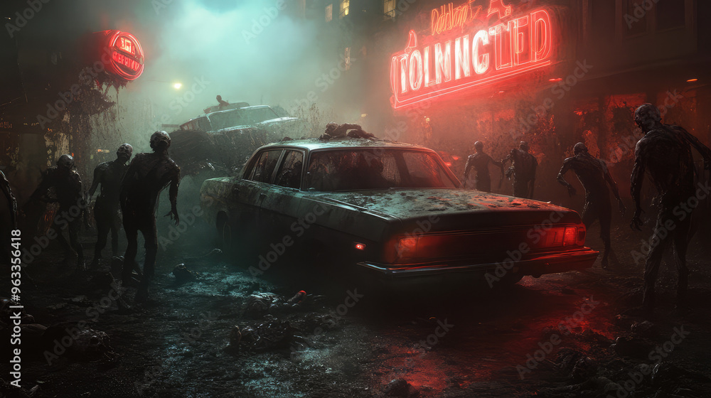 A chaotic scene of zombies invading a glamorous film set, with the ...