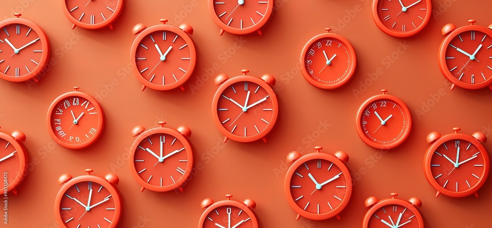 Many red alarm clocks on a red background. The clocks all show ...