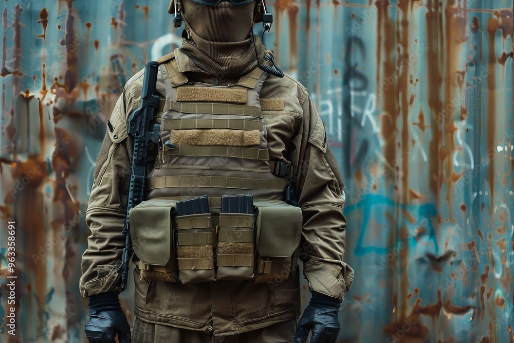 Soldier wearing bulletproof vest and holding machine gun is posing in ...