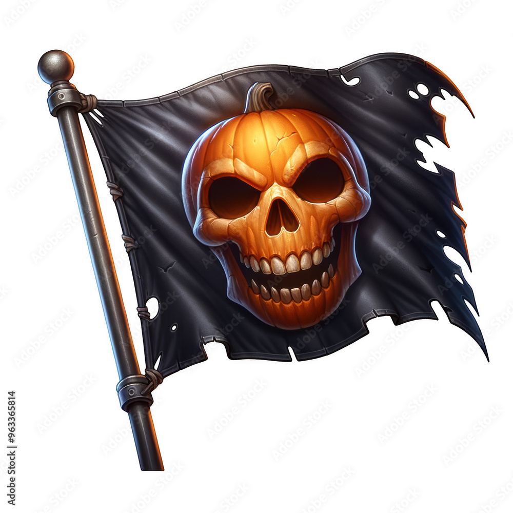 Black leather flag showing a orange pumpkin skull. Fantasy pirate flag ...