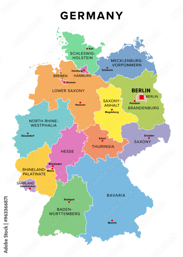 Germany, 16 constituent states with borders and capitals, multi colored ...