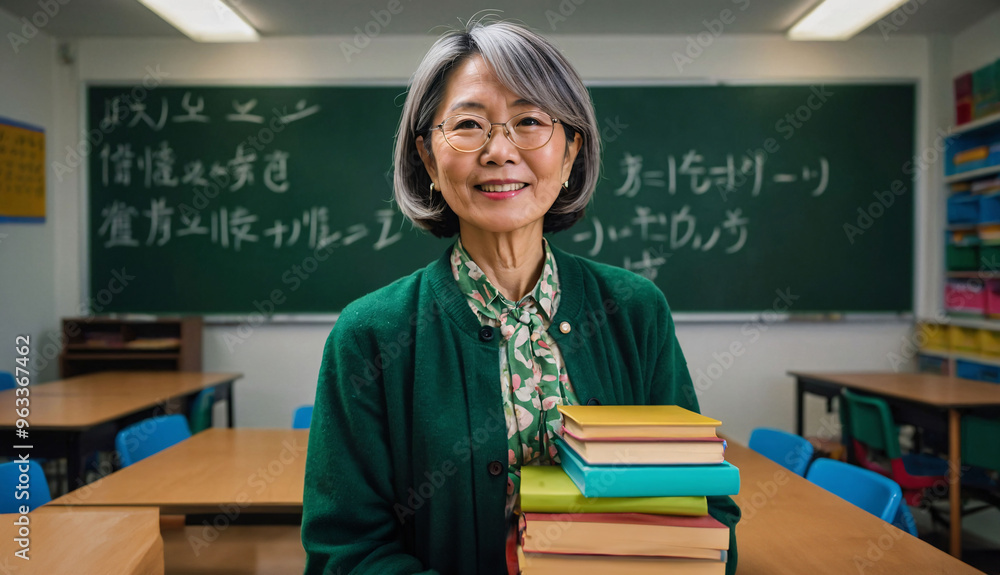 Japanese woman teacher is sitting in school classroom with chalkboard ...