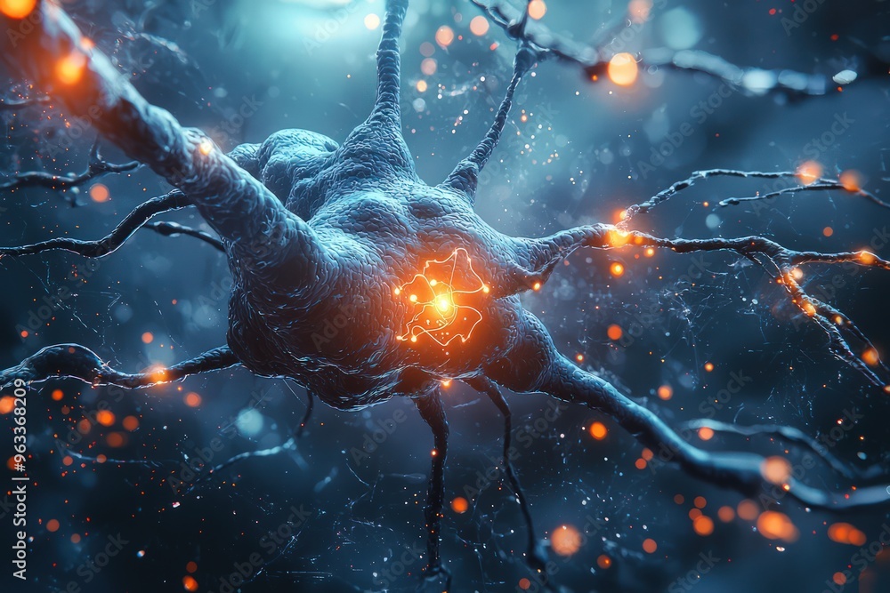 A stylized depiction of a neuron with glowing synaptic connections ...