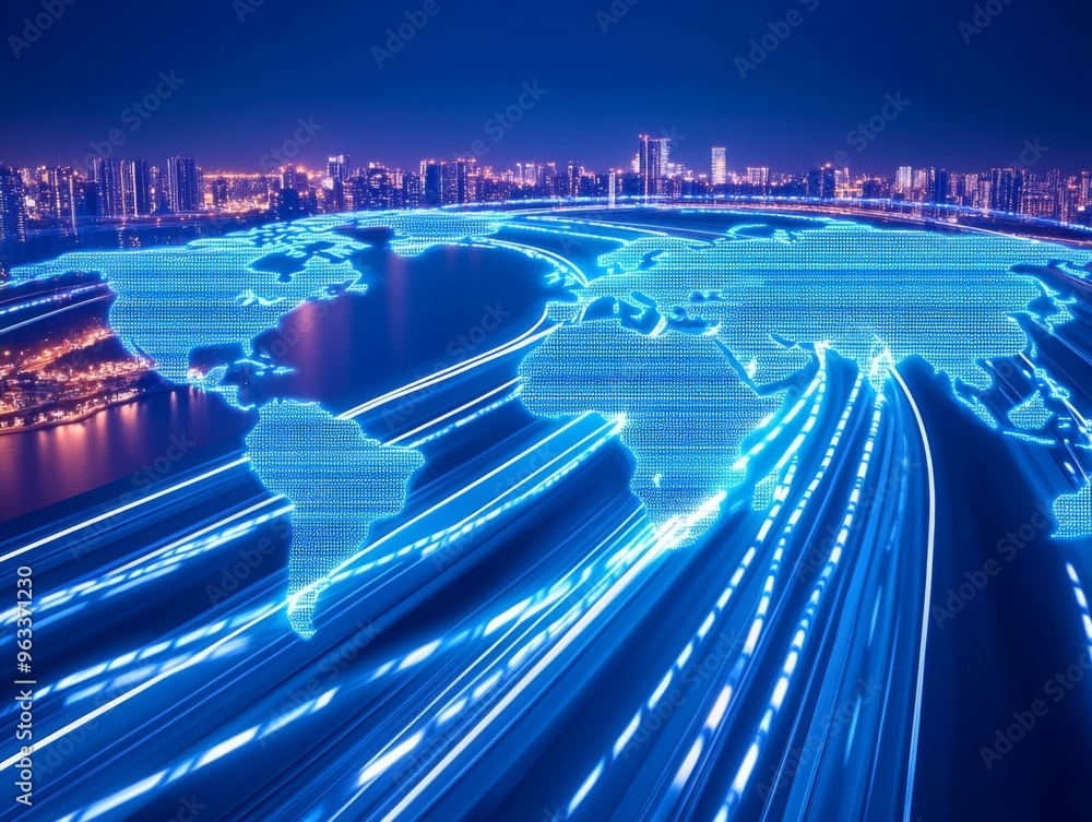 digital highway overlaid on a world map, Global Connectivity and ...