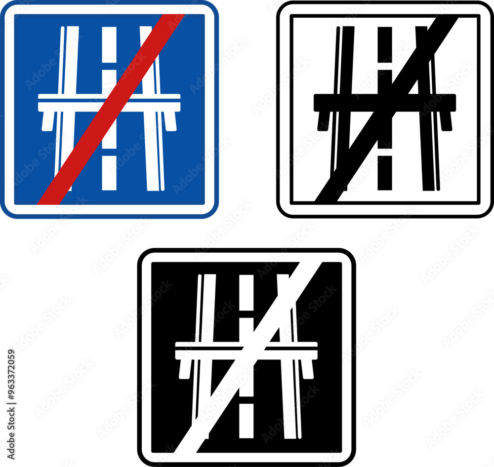 End of Motorway Traffic Signs. Blue Square Road Signs. Black and White ...