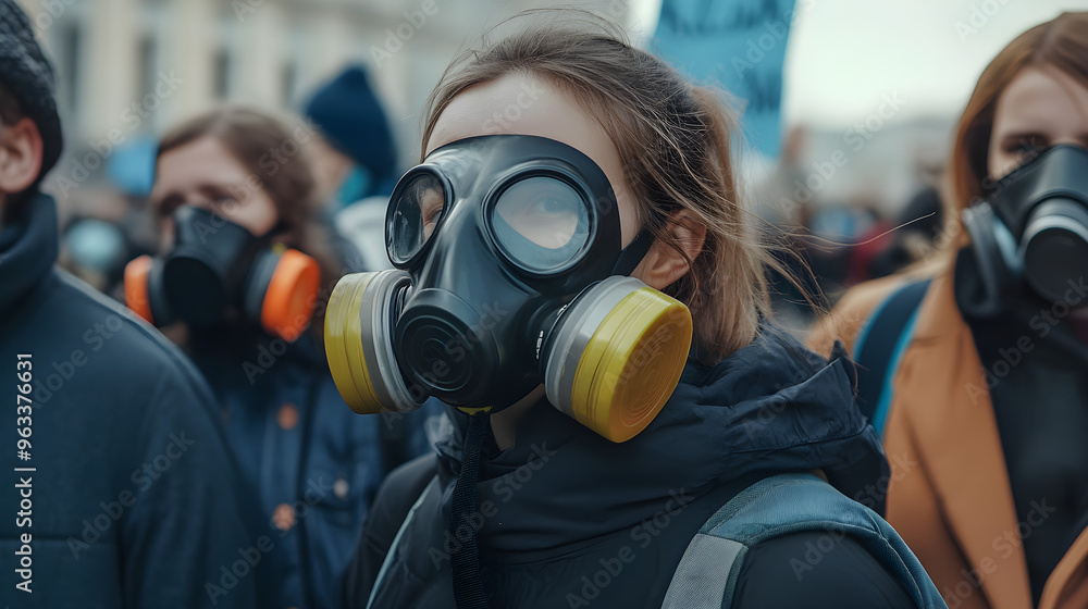 People wearing gas masks stand together in a crowd, expressions serious ...