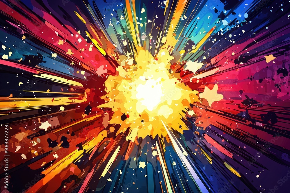 A vibrant explosion of color bursts forth, radiating energy and leaving ...